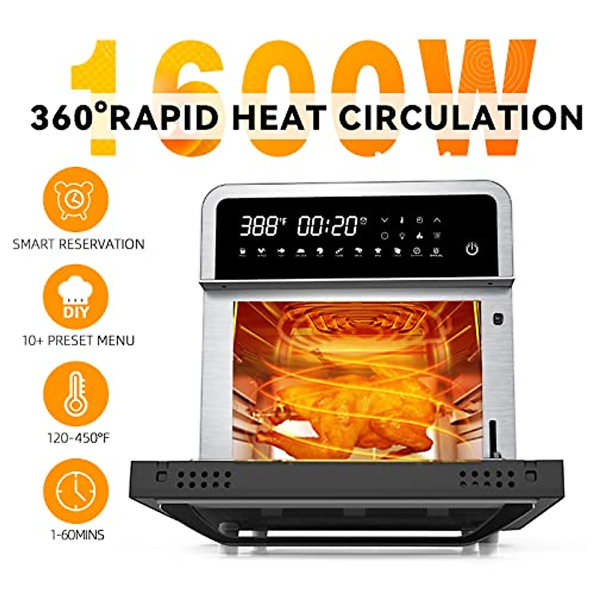 Aonbor Air Fryer Toaster Oven, 15.5 Quart Stainless Steel Convection Oven with One-Touch Control, 10-In-1 Countertop Combo, Dehydrator, Toast, Pizza, Rotisserie