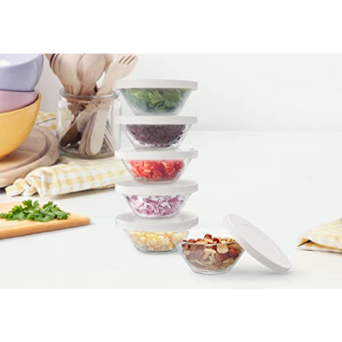 KooK Small Glass Prep Bowls with Lids Set, Clear Mini Food Storage Containers, Perfect for Dips, Microwave & Dishwasher Safe, 7.25 oz, Set of 8