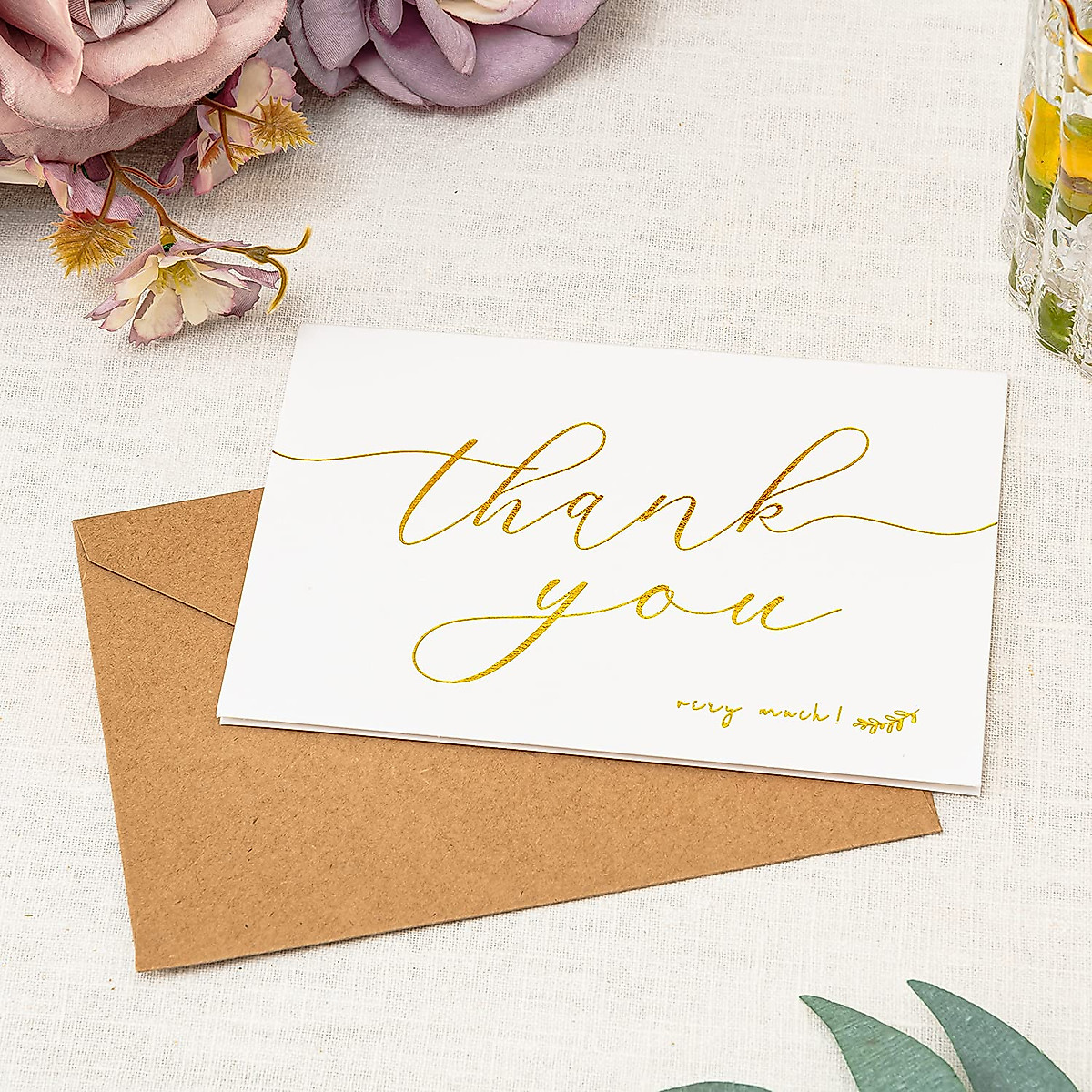 Crisky 50 Pcs Gold Foil Thank You Cards With 50 Envelopes & 50 Stickers Simple, Chic, Elegant Greeting Cards Perfect for: Wedding/Business/Birthday/Graduation etc. 4 x 6 inches 50 Pack