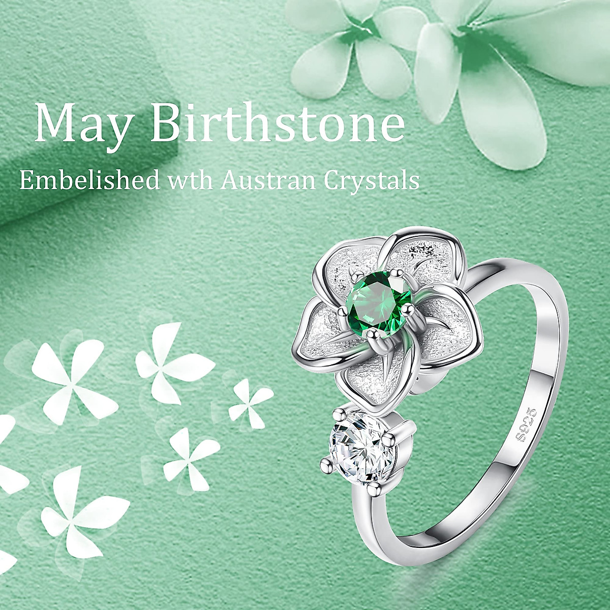 Ubjuliwa 925 Sterling Silver Anxiety Ring for Women May Birthstone Rings Adjustable Open Flower Rings Gifts Spin Rings Fidget Jewelry