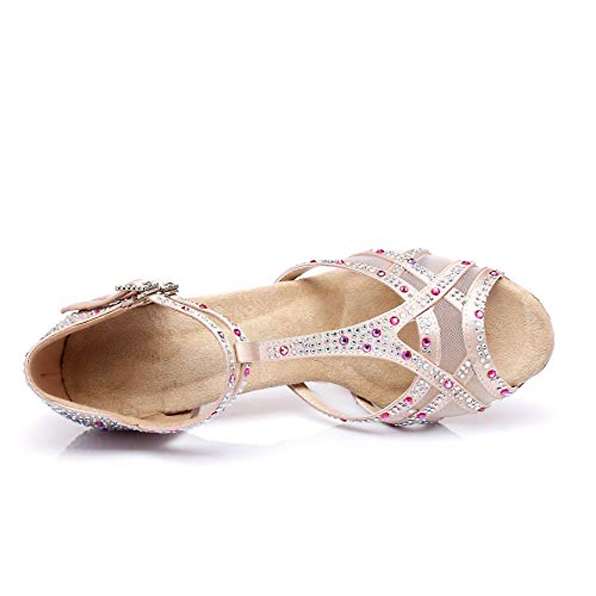 Minishion Crystals Dancing Sandals T-Strap Women's Satin Salsa Dance Shoes Nude US 8.5