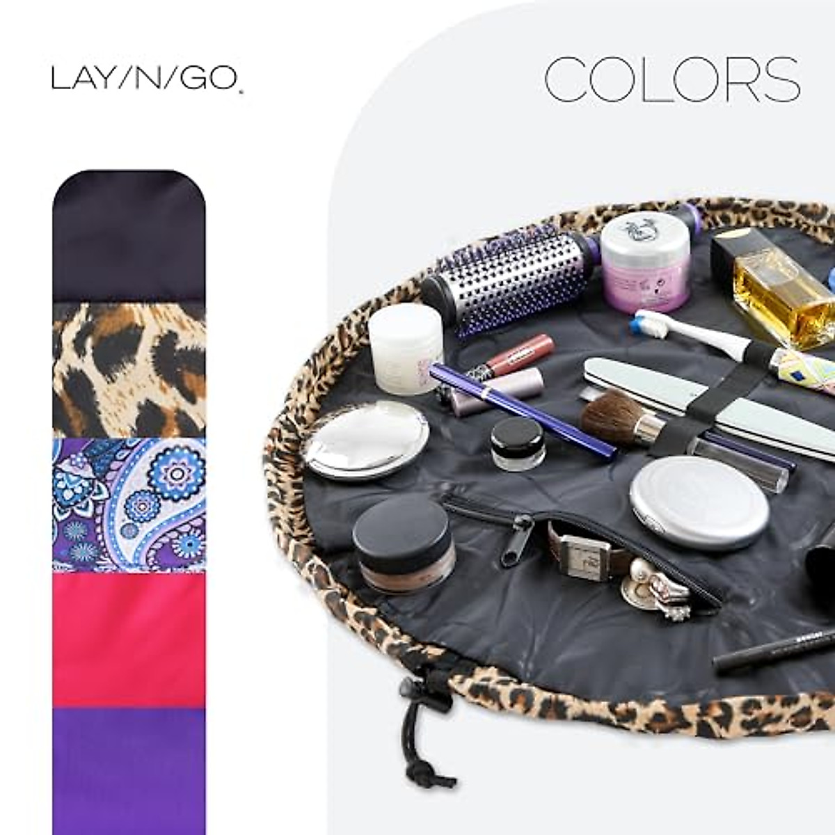 Lay-n-Go Cosmo Drawstring Cosmetic & Makeup Bag Organizer - Portable Drawstring Makeup Bag w/Zipper Pocket, Makeup Loops & More - Durable, Machine Washable Makeup Bag for Travel (22”, Leopard)