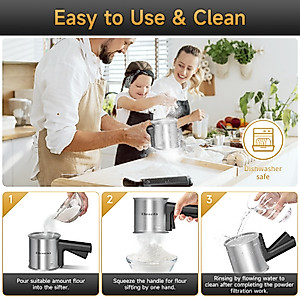 KScocina 3 Cup Stainless Steel Flour Sifter with Double Layer Fine Mesh, One Hand Press Crank, Ideal for Baking and Powdered Sugar Dusting Flour Sifter