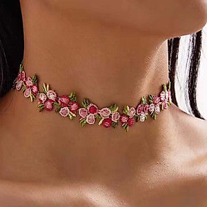 Sttiafay Boho Flower Lace Choker Necklace Pink Rose Choker Chain Vintage Floral Choker Collar Jewelry for Women Teen Girls