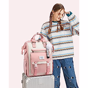 LOVEVOOK Laptop Backpack for Women,15.6 Inch College Backpack,Light Weight Travel Backpack Waterproof Casual Daypack Computer Backpack fits Travel Work Casual（15.6 inch,Pink&Beige）