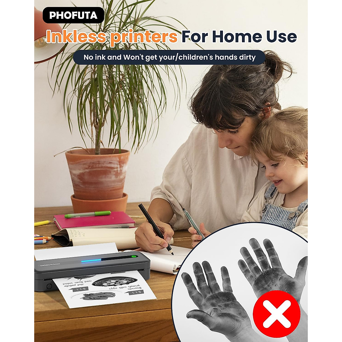 PhoFuta M832 Portable Printers Wireless Travel 300dpi,Small Inkless Thermal Printer for Phone & Laptop, Bluetooth Compact Printer for Mobile Office Home, Support A4 & 8.5 x 11 US Letter Thermal Paper