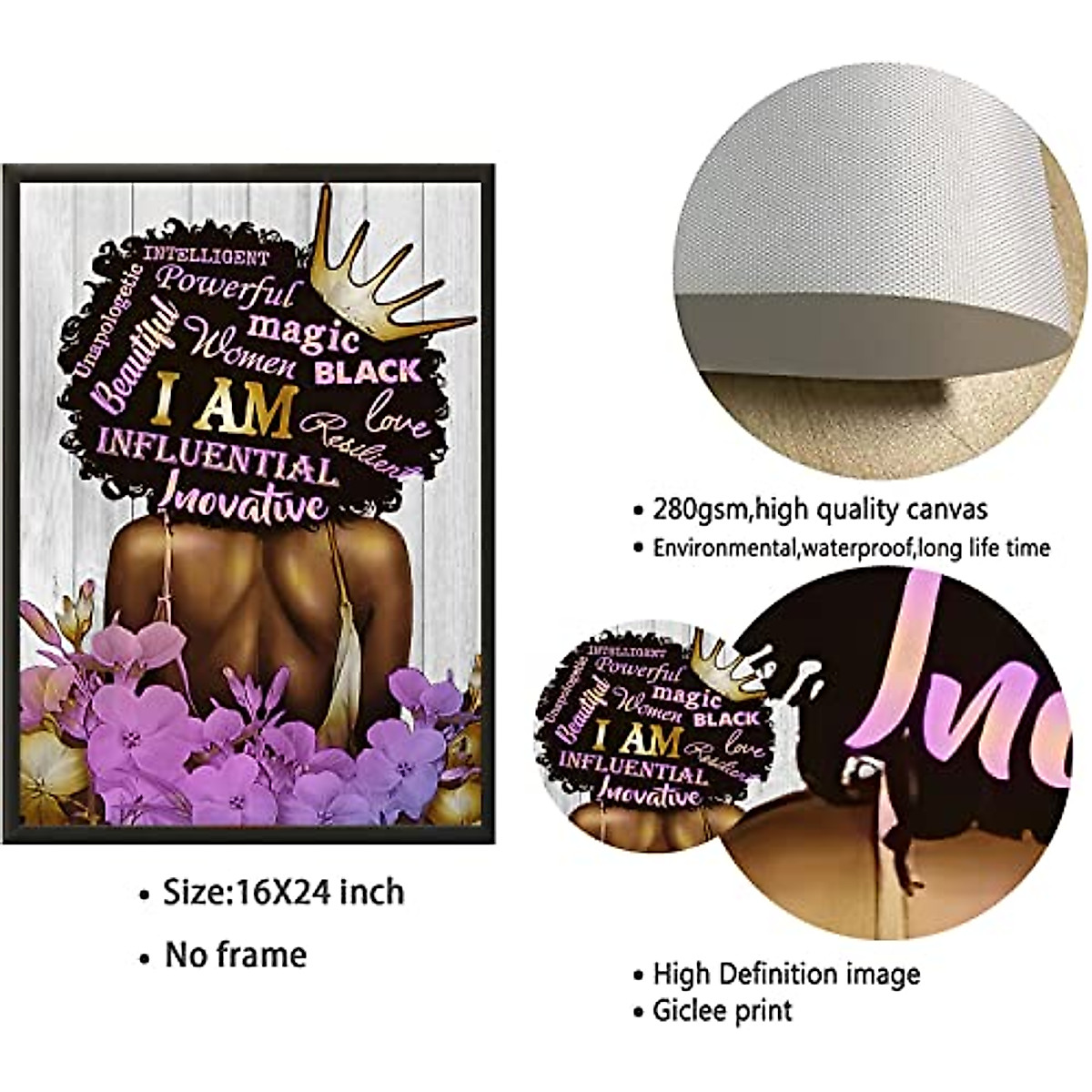 Black Queen Wall Art African American Canvas Wall Art Black Women Purple Flowers Inspiritional Quotes Poster Abstract Contemporary Canvas Prints Painting for Living Room Bathroom Bedroom Decor Home Decorations, 16x24 inches, No Frame