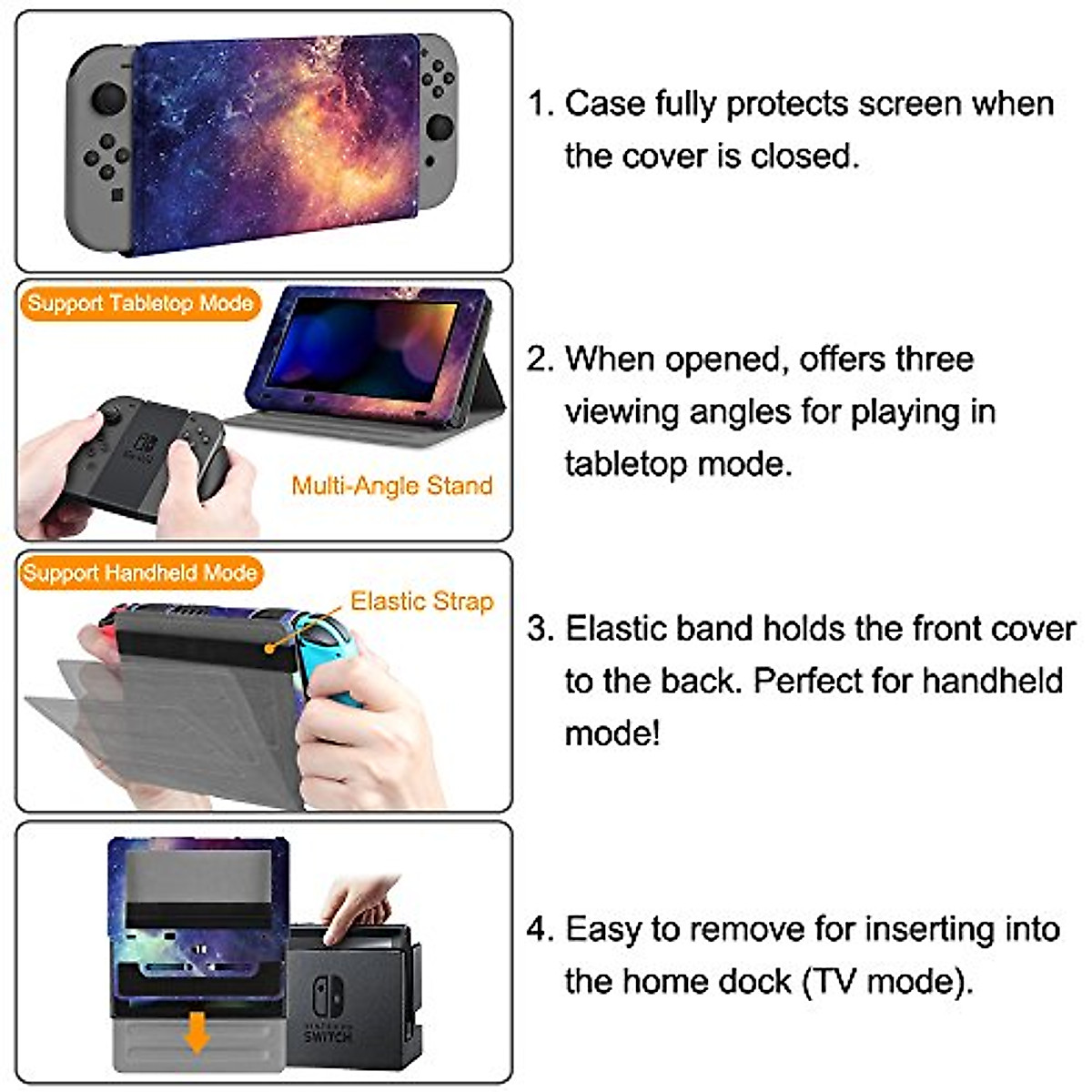 Fintie Protective Case for Nintendo Switch - [Multi-Angle Viewing] Ultra Slim Vegan Leather Play Stand Cover with Elastic Strap for Nintendo Switch 2017 - Galaxy