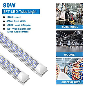 SHOPLED 8FT LED Shop Light Fixture, 90W 11700LM 6000K Cool White, D Shape, High Output, Clear Cover, T8 Linkable 8 Foot LED Tube Light for Garage with Plug, Warehouse, Workshop, 4 Pack