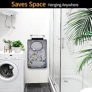 GUMQDD Breathable Mesh Laundry Hamper, Bringing Hooks Foldable Hanging Shower Caddy, Fast Drying Portable Space Saving Storage Bag, Applied to College Dorm Rooms, Gym, Swimming and RV Travel (Black)