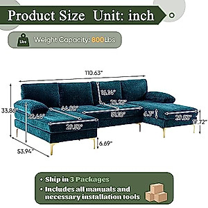 U-Shaped Sectional Sofa Comfy Couch for Living Room Set, 110 inches Wide Modern Large 4-Seat Couch Convertible Soft Velvet Couch Set with Double Chaise Lounge (Teal Blue, Chenille Fabric)