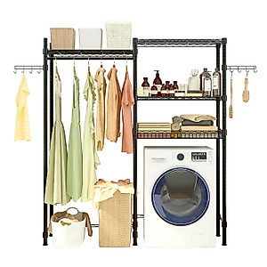 Karl home Over The Washer Dryer Storage Shelf, Heavy Duty Clothes Drying Rack Freestanding Laundry Room Bathroom Organization with Wire Shelves Wivel Hooks, 57.5" L x 13.78" D x 76.4" H