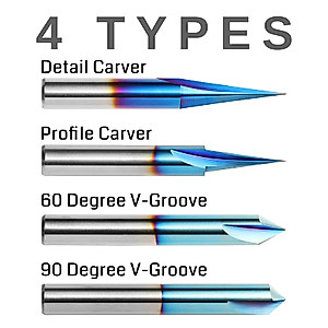 Genmitsu CNC Wood Carving Router Bits Set, 1/4'' Shank, 4 PCS, 15° Detail Carving Liner+ 20° Profile bit+ 60° & 90° V Groove, WC04A