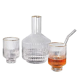 G bedside water carafe glass 1 pitcher 2 cups set for night time water decanter Carafe 59 oz Tumbler 12.5 oz night-stand table bedroom handy jug crystal clear vintage home office desk