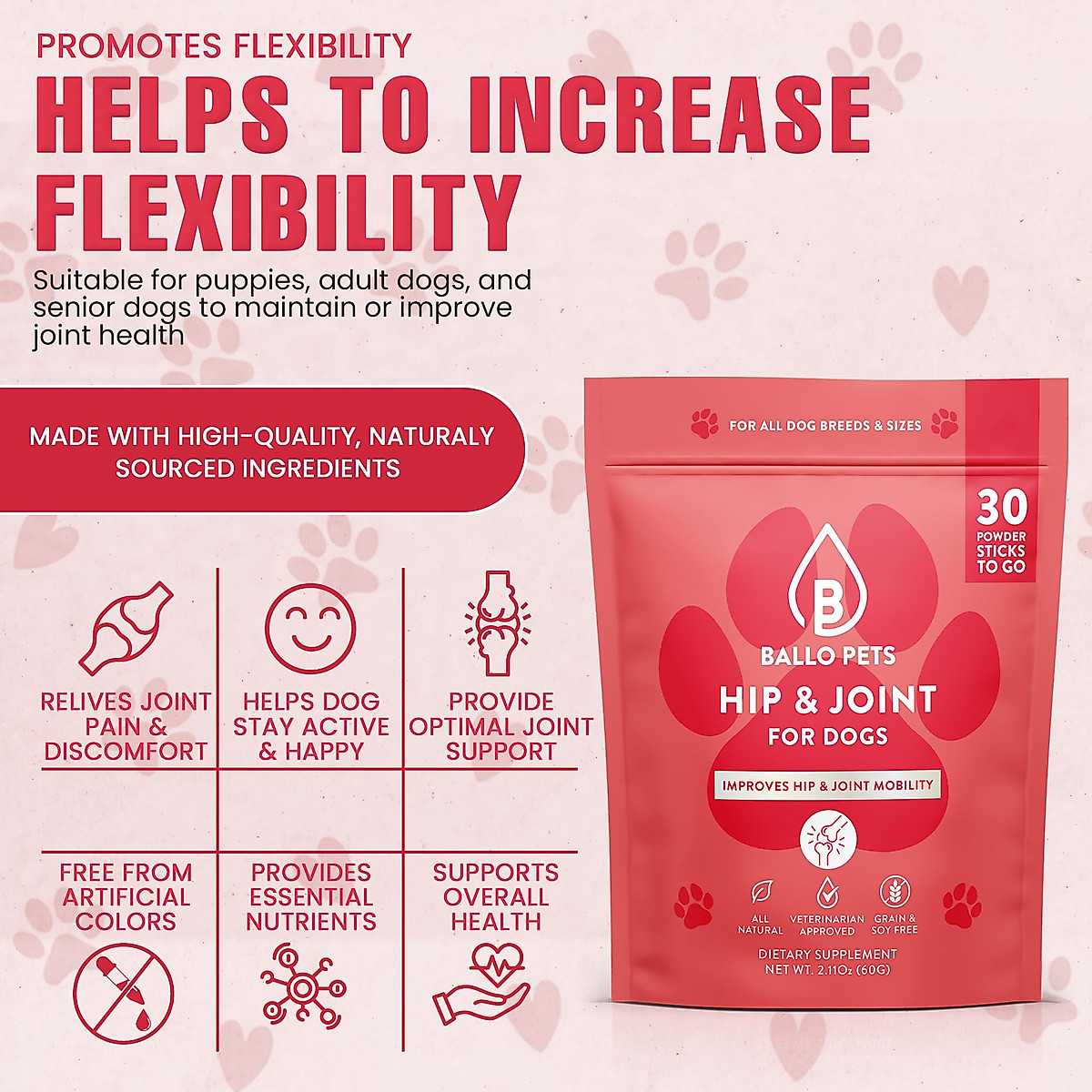 Ballo Pets Hip & Joint for Dogs - Joint Supplement for Dogs - Pain and Inflammation Relief with Glucosamine, Chondroitin, MSM, Turmeric, Vitamin C - 30 Powder Sticks to go, Red