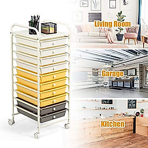 KOTEK 10-Drawer Rolling Storage Cart, Multipurpose Utility Cart Mobile Craft Cart w/Drawers & Wheels, Home Office School Tools Scrapbook Paper Organizer (Yellow)