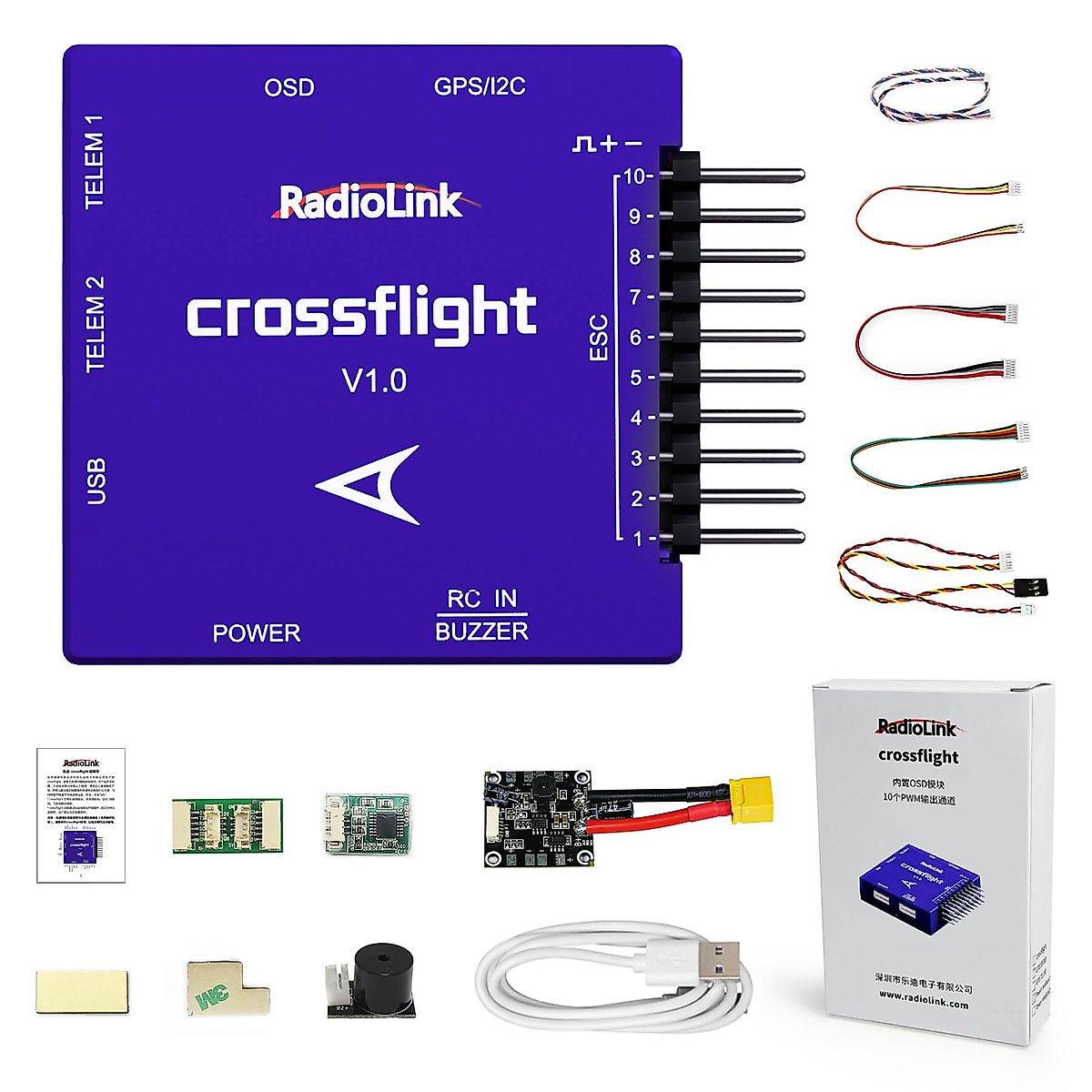 Radiolink Crossflight Flight Controller, OSD Integrated 10CH PWM Output FC with 2-12S Module Power, Vibration Damping by Software for FPV Drone/3-8 Axis/VTOL Plane/Helicopter/Car/Boat/Submarine/Robot