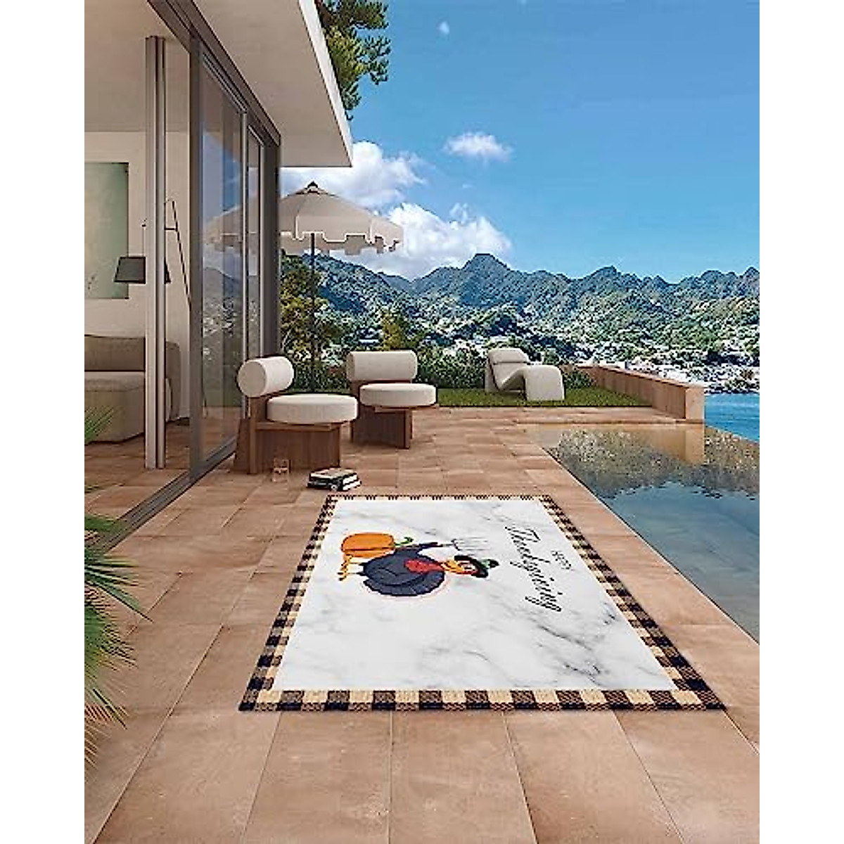 Thanksgiving Turkey and Pumpkin Outdoor Patio Rug for Deck,Picnic,Porch,Balcony 6x9ft Water Absorb Non Skid Area Rugs,Washable Camping RV Carpet Mats White Grey Marble Texture