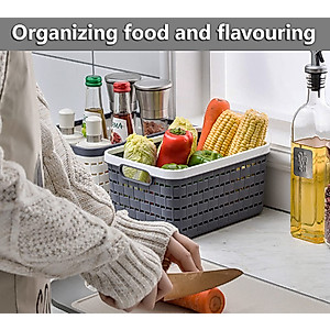 3 Pack Plastic Storage Basket 11 x 8.5 x 5 Inch, AYSUM Medium Plastic Baskets Stackable Plastic Woven Organizer with Handle for Toys, Pantry, Kitchen, Bedroom, Bathroom - Grey