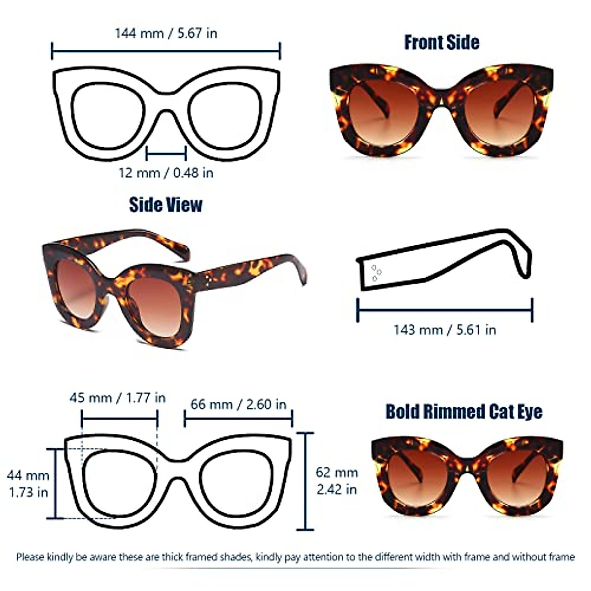 Freckles Mark Thick Fashion Butterfly Sunglasses for Women Trendy Round Cat Eye Sun Glasses (Tortoise Brown+Black, 45)