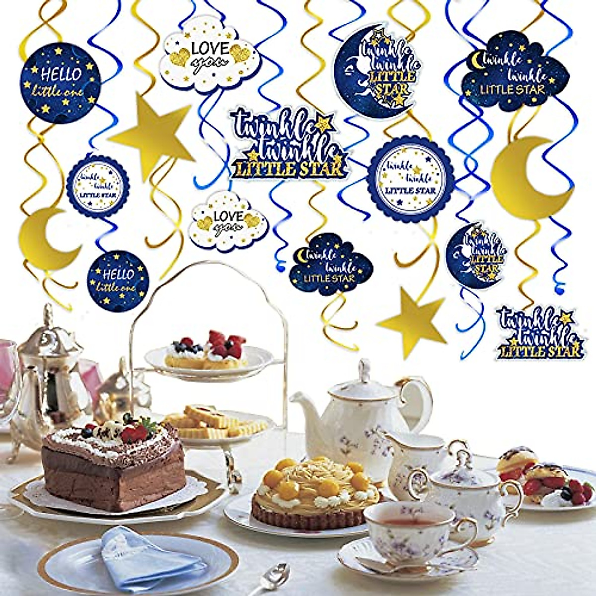 30pcs Twinkle Twinkle Little Star Baby Shower Birthday Hanging Swirls Decorations, Moon and Stars Baby Shower Birthday Party Foil Swirls Decor Supplies