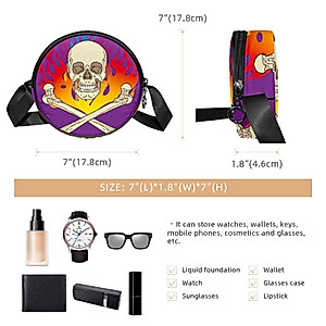 Skull Flame Purple Crossbody Bag for Women Teen Girls Round Canvas Shoulder Bag Purse Tote Handbag Bag