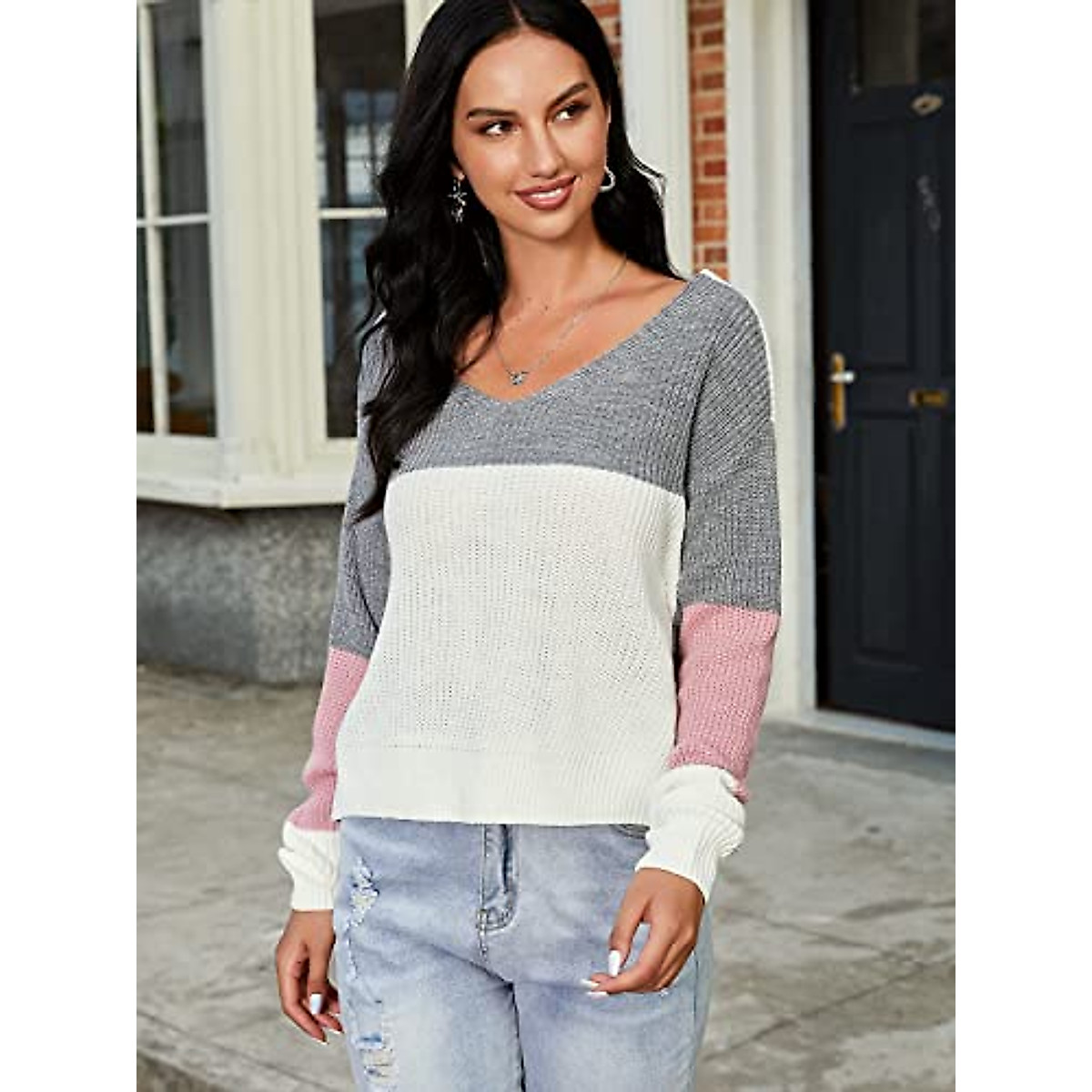 ZAFUL Women's Fashion Colorblock Sweater Knot Back V Neck Sexy Knit Pullover Long Sleeve Top (0-Multi, M)