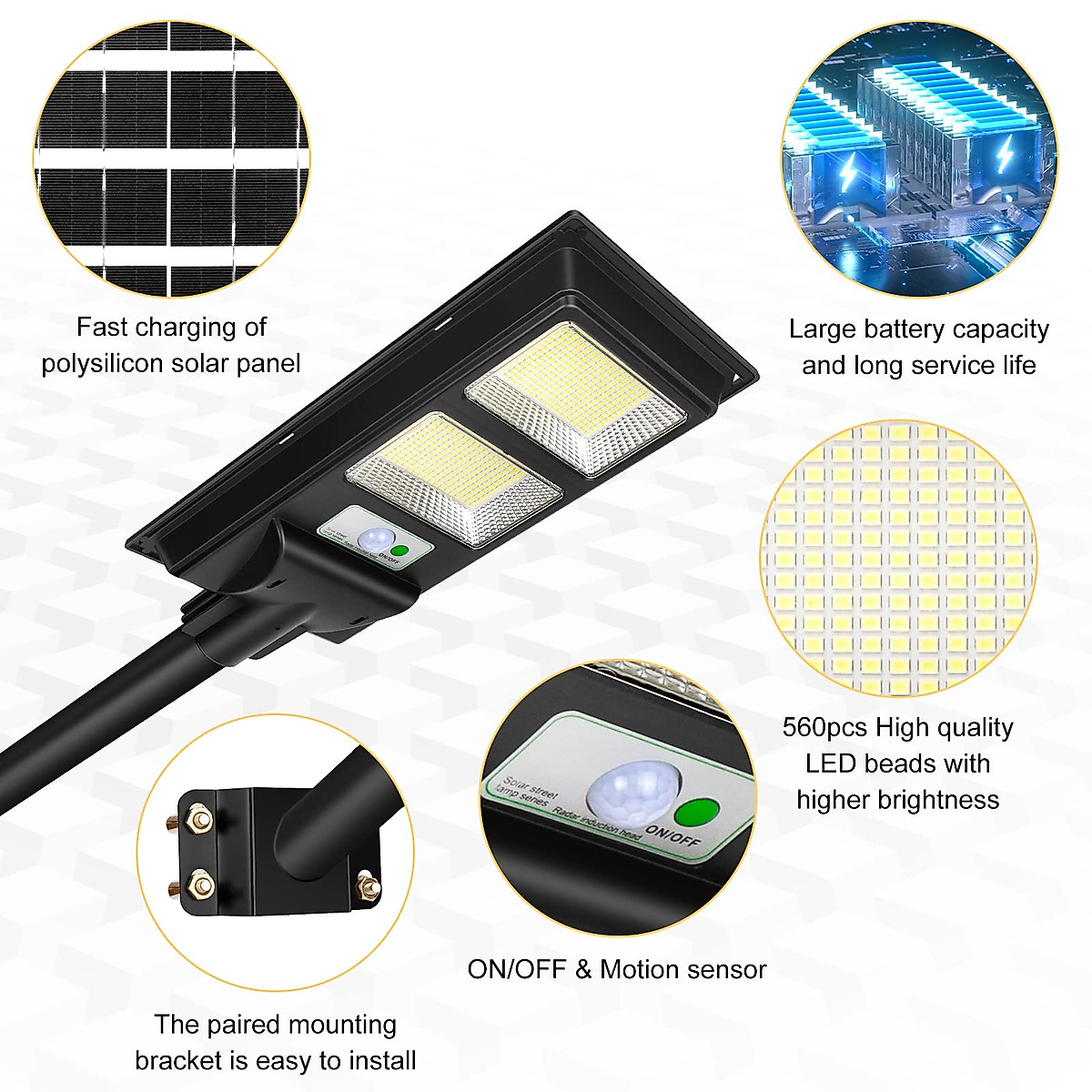 Wstan 6000LM 200W Solar Street Light Outdoor, 568LED Super Bright Solar Flood Lights, with Light Control & PIR Motion Sensor, Dusk to Dawn for Yard Garden, IP65 Waterproof