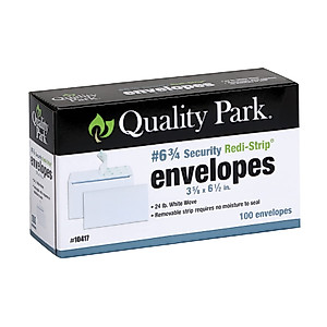 Quality Park #6 3/4 Self-Seal Security Envelopes, Security Tint and Pattern, Redi-Strip Closure, 24-lb White Wove, 3-5/8 x 6-1/2, 100/Box (QUA10417)