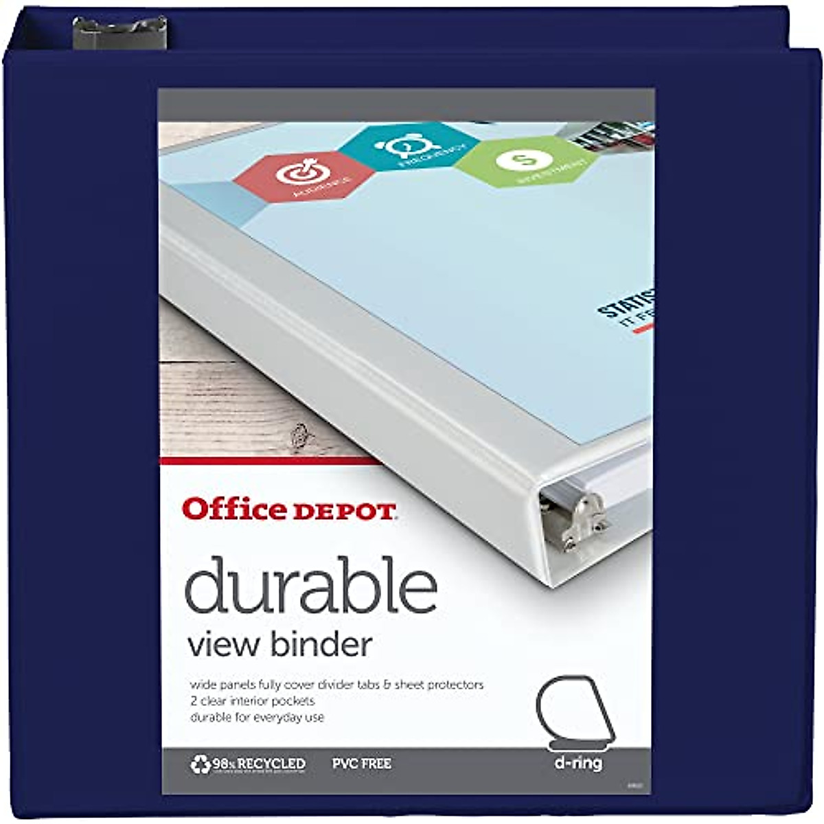 Office Depot® Brand Durable D-Ring View Binder, 3" Rings, 60% Recycled, Blue