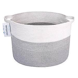 LANGYASHAN 21.65" x 13.78" XXXLarge Woven Rope Basket Decorative Blanket Basket for Living Room Toys Sofa Throws Storage Towels or Nursery Round Laundry Hamper Basket with Handles Laundry Basket(Gray)