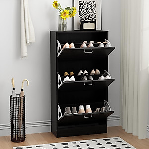 WOODTIME Shoe Cabinet with 3 Flip Drawers, Modern Shoe Rack Cabinet with Removable Divider, Narrow Shoe Storage Organizer for Slim Entryway, Dorm, Black Brown