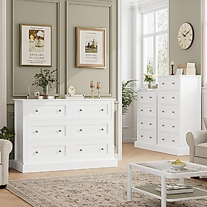 FACBOTALL Modern 6 Drawer Double Dresser, White Dresser Wood Dresser, Wide Chest of Drawers with Deep Drawers & Mental Double Handles for Hallway Living Room