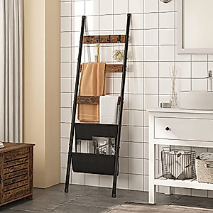 HOOBRO Blanket Ladder, 5 Tier Towel Rack, 17.3" L x 63" H, Wall-Leaning Blanket Rack, Decorative Ladder Holder with 4 Hooks and Pocket, Drying and Display Rack for Bathroom, Rustic Brown BF32CJ01