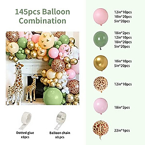 Rubfac 145 Wildlife Pink Sage Green Balloon Garland Arch Kit Giraffe Balloons for Girls Baby Shower Wild Decoration Giraffe Safari Party Supplies
