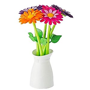 Vigar Flower Shop Pen Set with Vase, Set of 5 Colorful and Decorative Flower-shaped Pens with Matching Holder