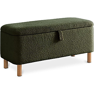 Boucle Storage Ottoman Bench for Bedroom end of Bed, Sherpa Upholstered Shoe Seat Storage Beach for Entryway Bed Foot, Rectangle Cushion Padded Blanket Chest Cute for Living Room, Blackish Green