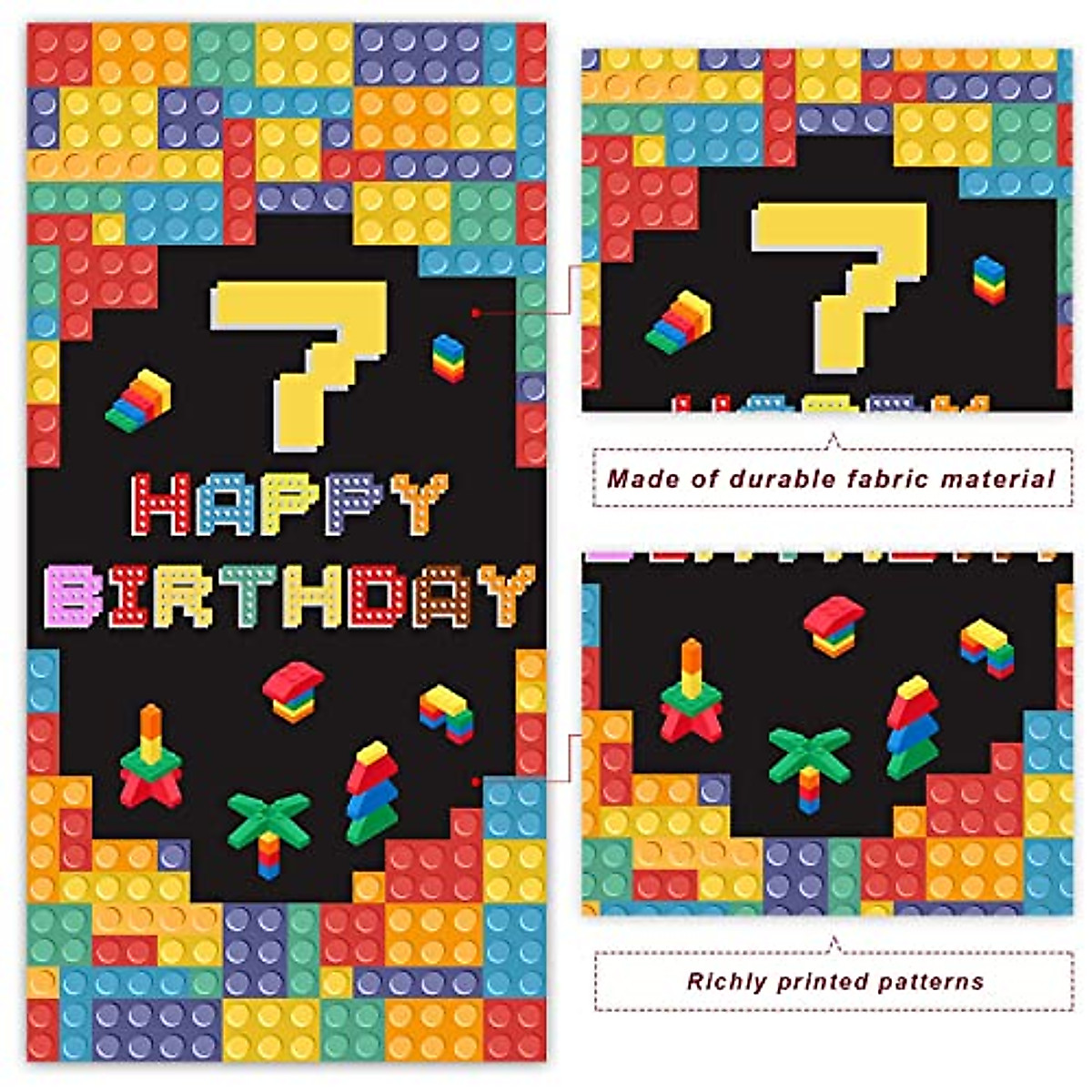 Colorful Building Blocks Happy 7th Birthday Banner Backdrop Background Construction Toys Bricks Blocks Theme Decor for Boy 7th Birthday Party Favors Supplies Decorations