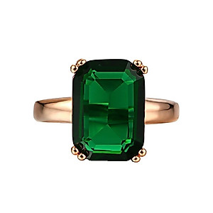 DCFSHEE Green Emerald-Shape Simulated Emerald Jewelry Ring with 18K Rose Gold Plated Silver Women's Engagement Solitaire Ring (US size 7)