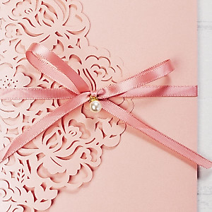 KUCHYNEE 50PCS Pink Customized Quinceanera Invitation Cards with Envelopes 5x7.3 Inch Laser Cut Hollow Rose Pocket with Ribbon invitations for Quincenera Birthday Invite