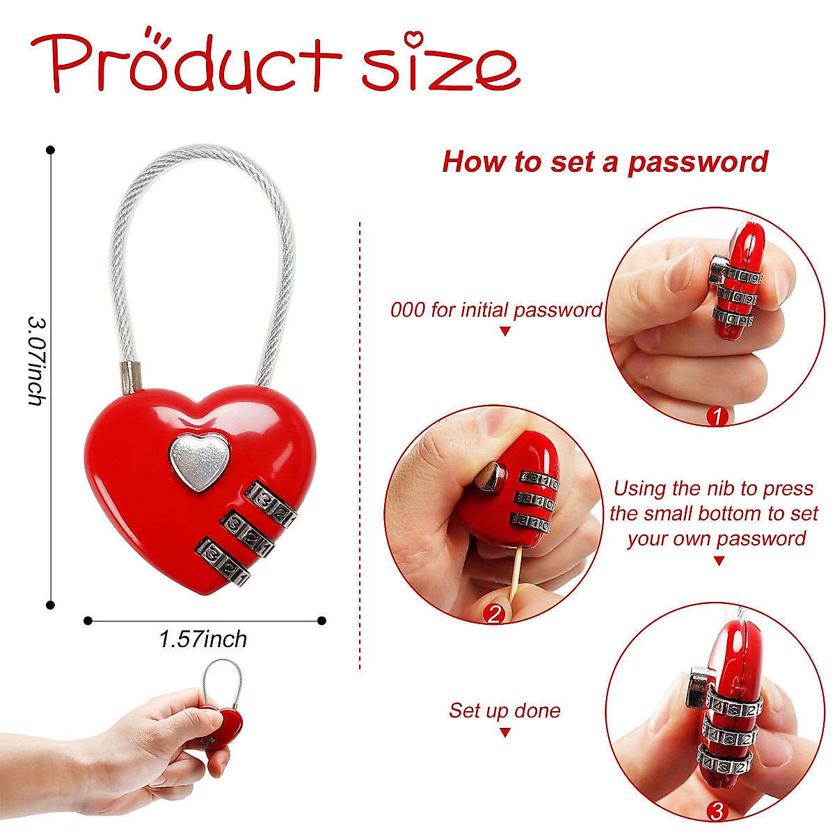 Red Heart Padlock, Mini Code Lock, Wire Rope 3-Digit Code Combination Padlock for Travel Bags/Suitcase/Lockers/Backpacks/Jewelry Boxes, 3 Packs