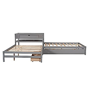MOEO L-Shaped Full Size Platform Bed with Trundle and Drawers Linked w/ Built-in Desk for Kids, Bedroom, Teens, Adults, No Box Spring Needed, 3 Wood Bedframe in 1, Gray