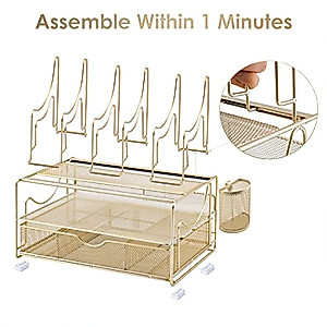 ROCDEER Gold File Desk Organizer with Drawer and File Folder Sorter, Desktop Paper Organizer for Desk Countertop Cabinet Office supplies