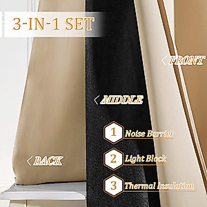 RYB HOME Noise - Blackout - Thermal Insulated Curtains for High Ceiling Window Decoration, 3 Layers Notoxic Detachable Felt Liner for Studio Sliding Door Bedroom, 52 x 95, Biscotti Beige, 1 Pair