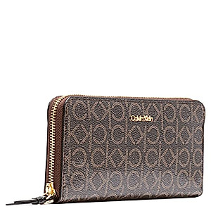 Calvin Klein Key Item Saffiano Continental Zip Around Wallet with Wristlet Strap, Brown/Khaki/Black Logo