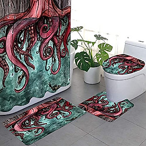4Pcs Pink Ocean Bathroom Sets with Shower Curtains and Rugs Fish and Marine Animals Shower Curtains Sets with Bath Mat and Toilet Seat Cover Funny Bathroom Sets and Accessories