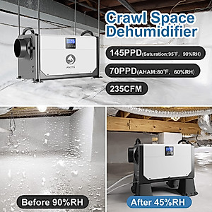 ANDTE 145 Pint Crawl Space Dehumidifier for Basement,Energy Star Commercial Dehumidifiers with Drain Hose, Industrial Dehumidifier,Large Room,Remote Control, Whole House, 5 Years Support