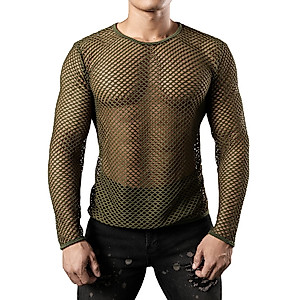 JOGAL Men's Mesh Fishnet Fitted Long Sleeve Muscle Top Small WG04 ArmyGreen