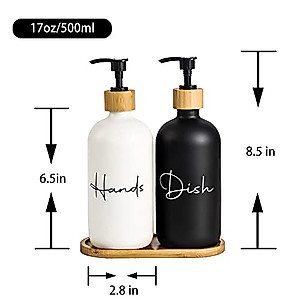 17 oz Hand Soap Dispenser Empty Glass Lotion Pump Bottles, Refillable Liquid Dish Soap Bottles for Bathroom Decor, Kitchen Sink, Matte Design and Wood Tray, Pack of 4