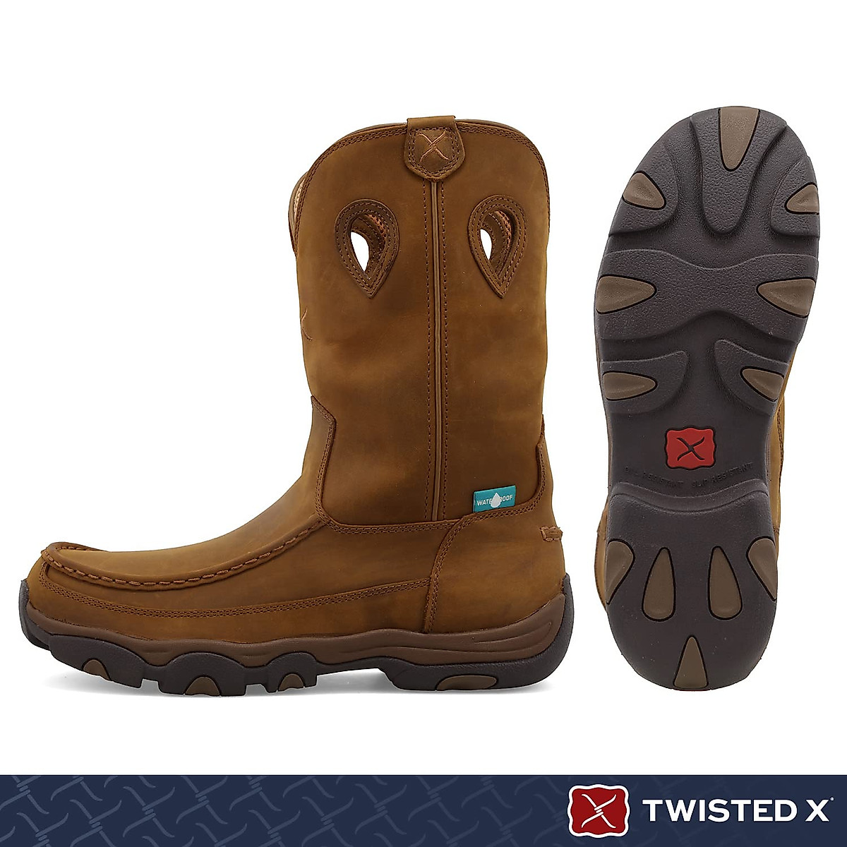 Twisted X Men’s Pull-On Hiking Boots - Handcrafted with Full-Grain Leather Vamp and 11” Shaft, Rubber Outsoles, ReinforcedPull-Holes, and EVA Midsoles, Distressed Saddle & Saddle, 11 (M)